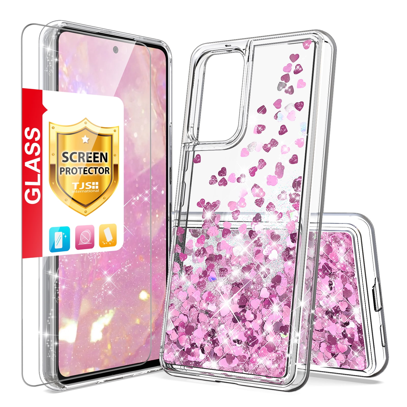 TJS Samsung Galaxy A53 5G Phone Case, Tempered Glass Screen Protector, Pink Glitter Quicksand ...