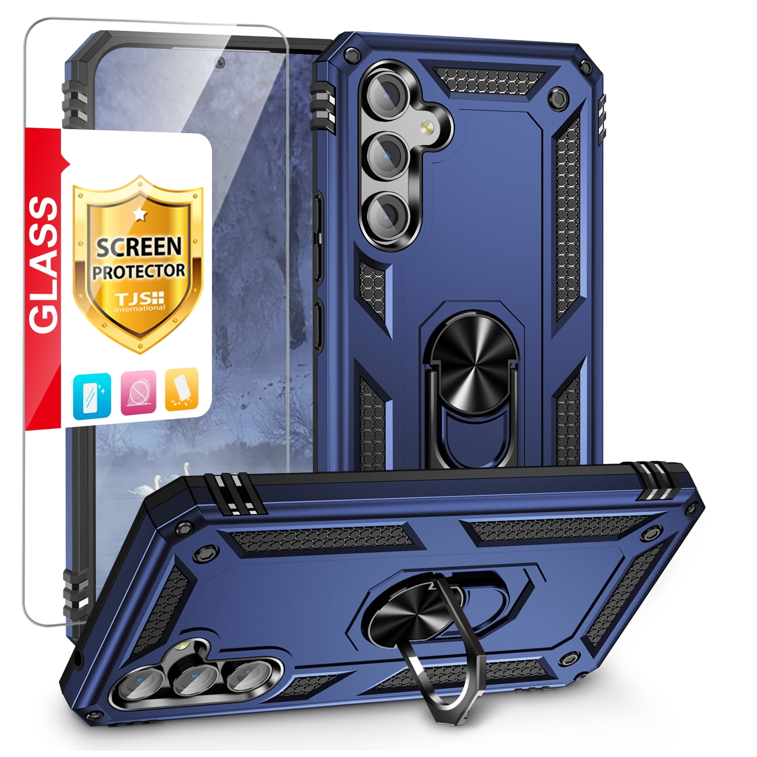 TJS Galaxy A54 5G Case, Tempered Glass, Metal Ring Support, Impact Resistant, Kickstand (Blue ...