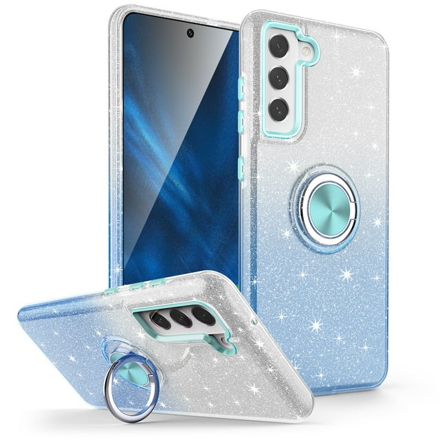 TJS for Samsung Galaxy S21 FE 5G Phone Case, Two Tone Shinny Glitter Metal Ring Magnetic Support ...