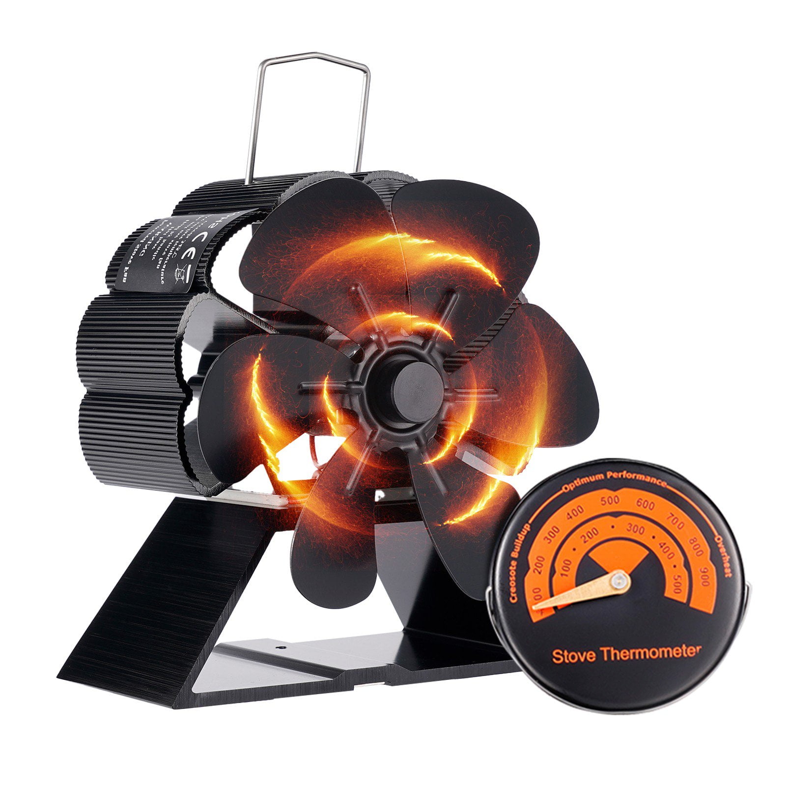 TJT 6 Blades Wood Stove Fan with Thermometer Set, Heat Powered Stove ...