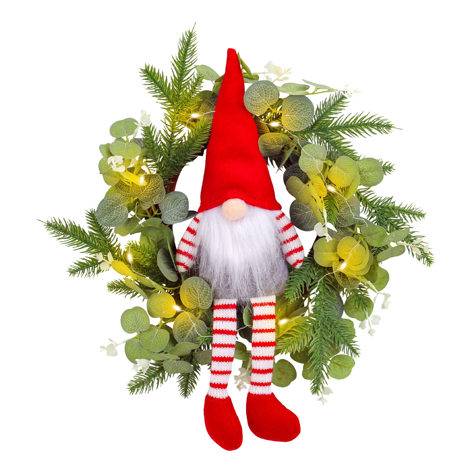 TJUJUSO Christmas Wreath With Elves, Evergreen Fake Pine Needles Wreath ...