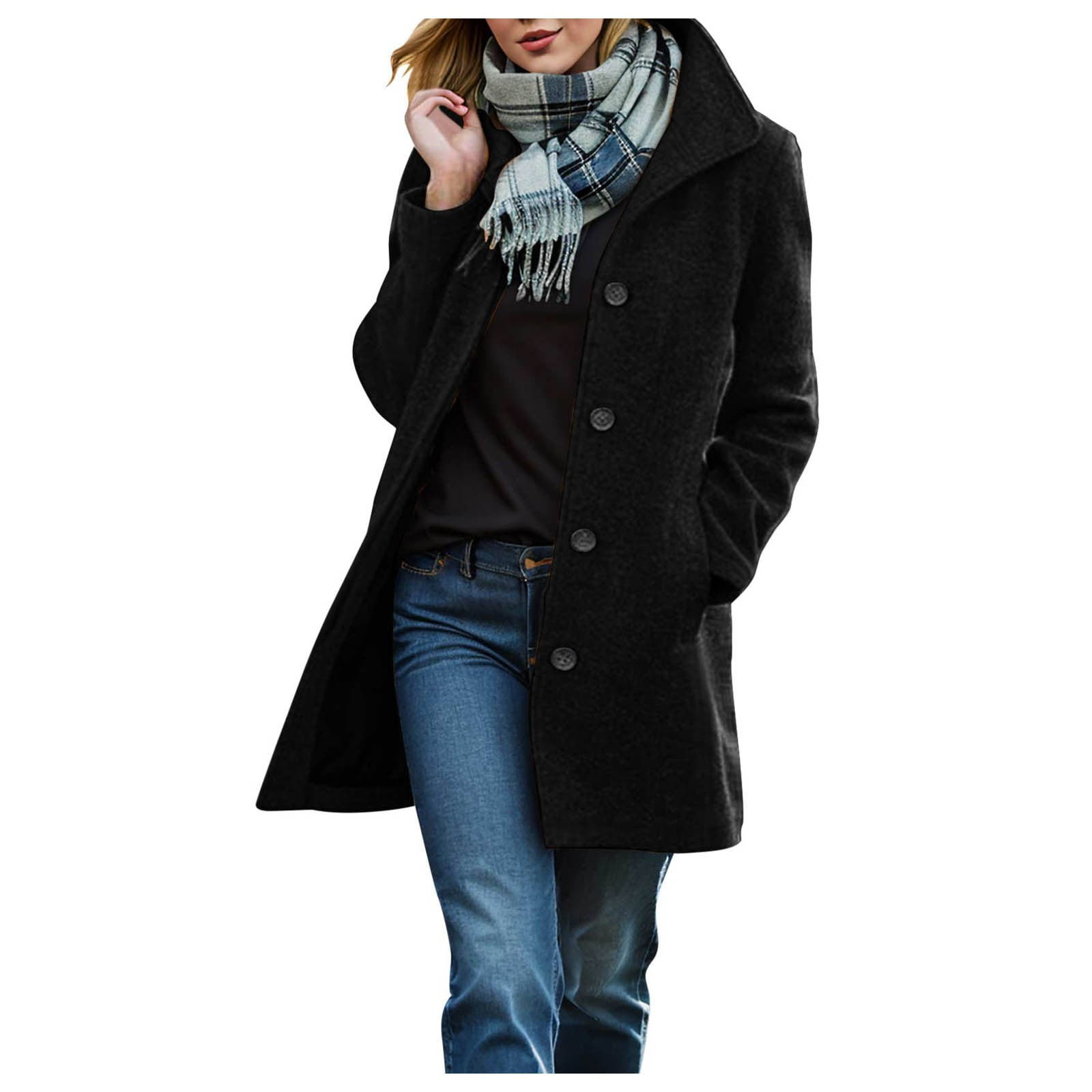 TJUJUSO Women's Notch Lapel Wool Blend Pea-Trench Coat Women Long ...