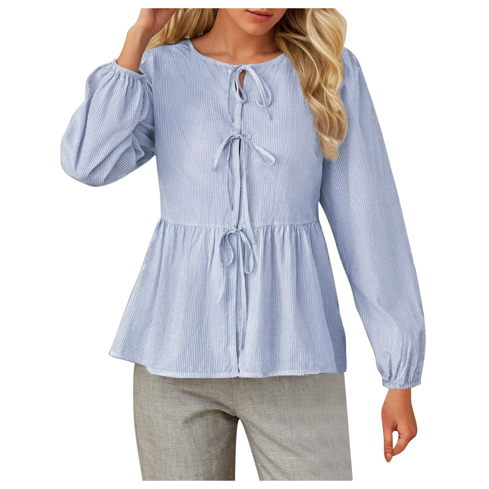 TJUJUSO Women's Stripe Lace Up Peplum Tops Long Puff Sleeve Casual ...