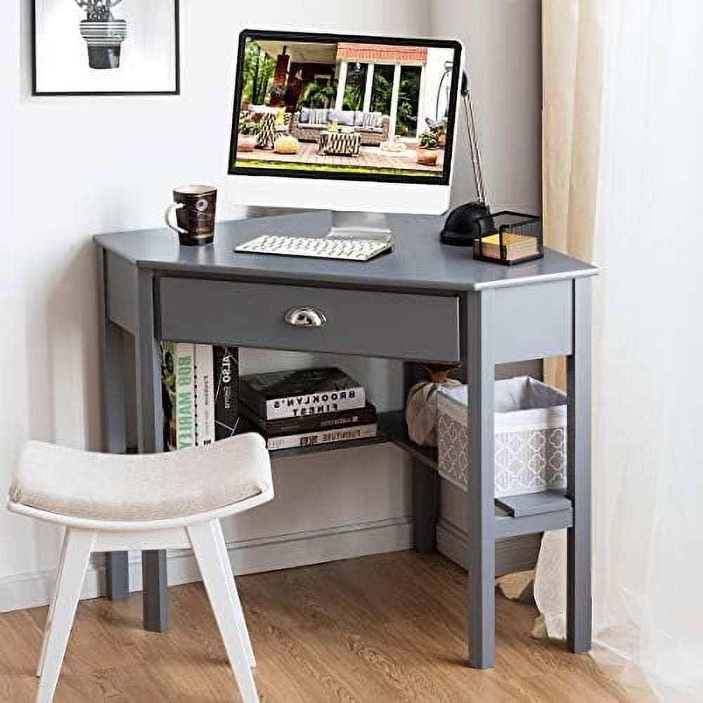 TJUNBOLIFE Corner Desk Triangle Desk with Drawers and Shelves Wood ...