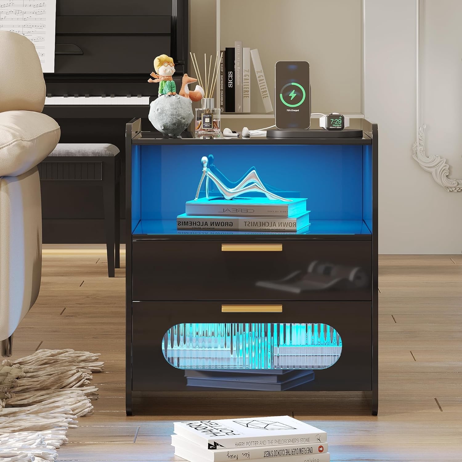 TJYGO LED Nightstand with Wireless Charging Station and 2 Drawer ...