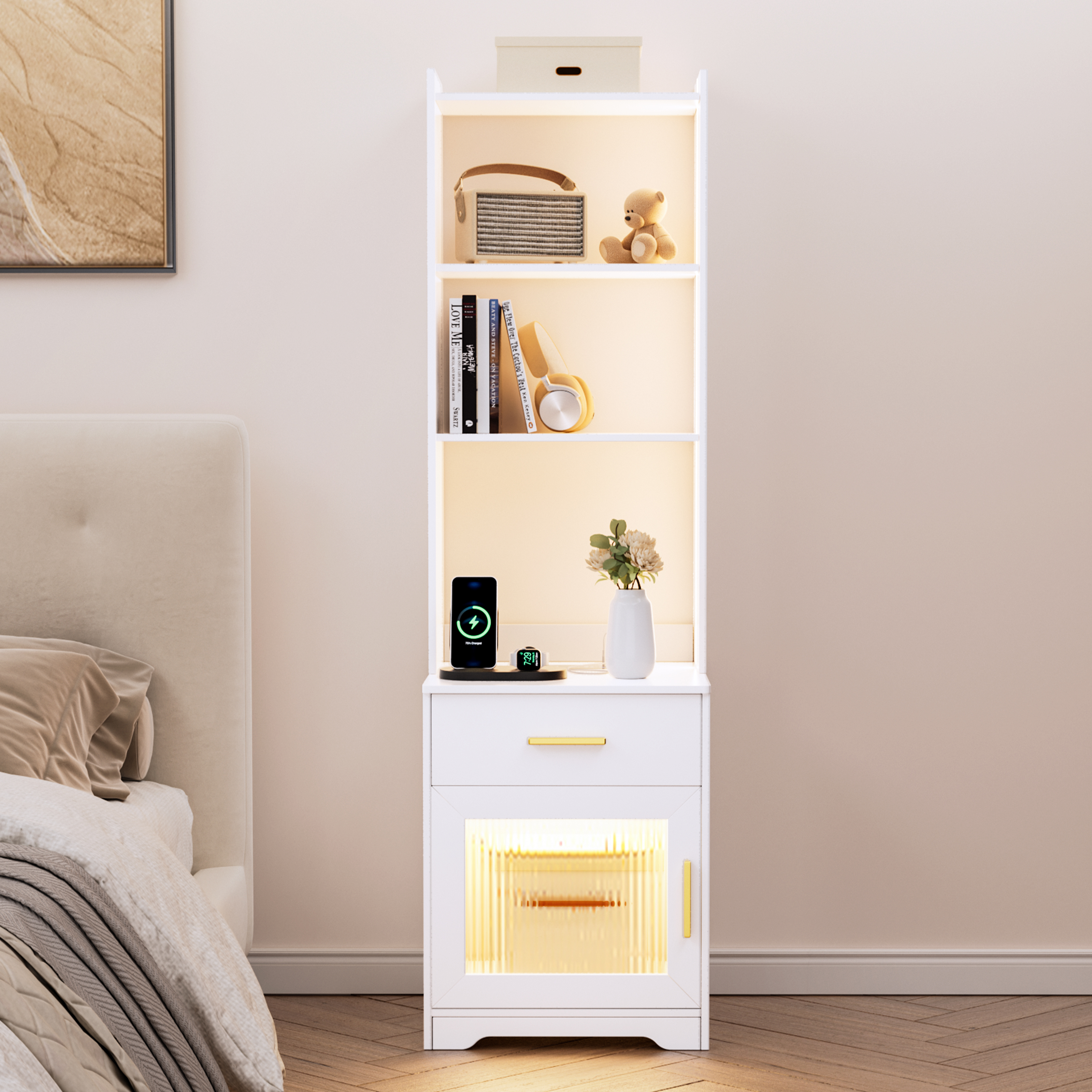 TJYGO Smart Nightstand with Charging Station, 58" Tall Nightstand with ...