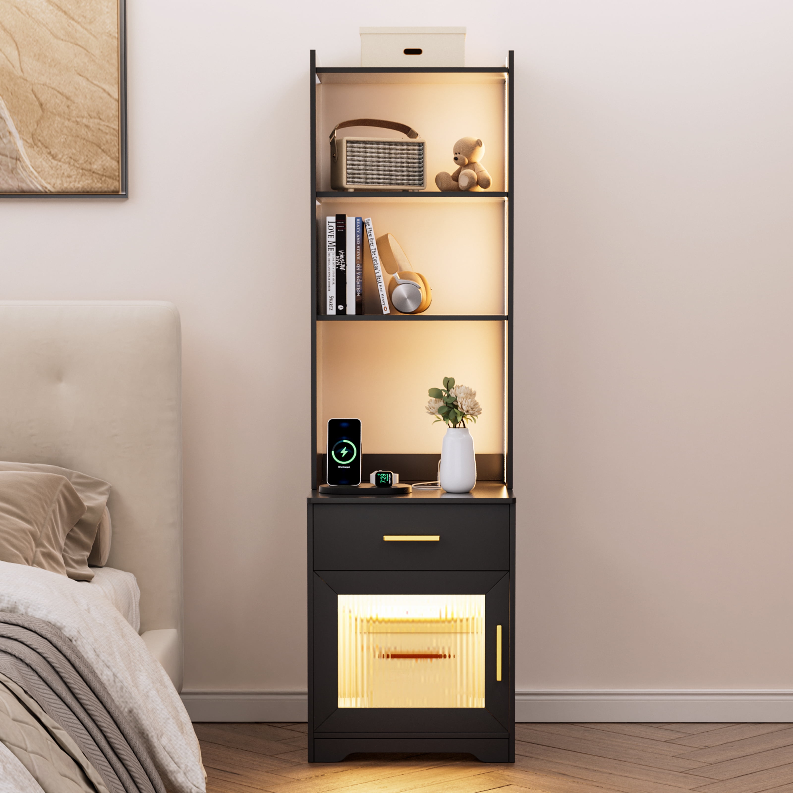 TJYGO Tall Nightstand with Charging Station, 58" Smart Nightstand with ...