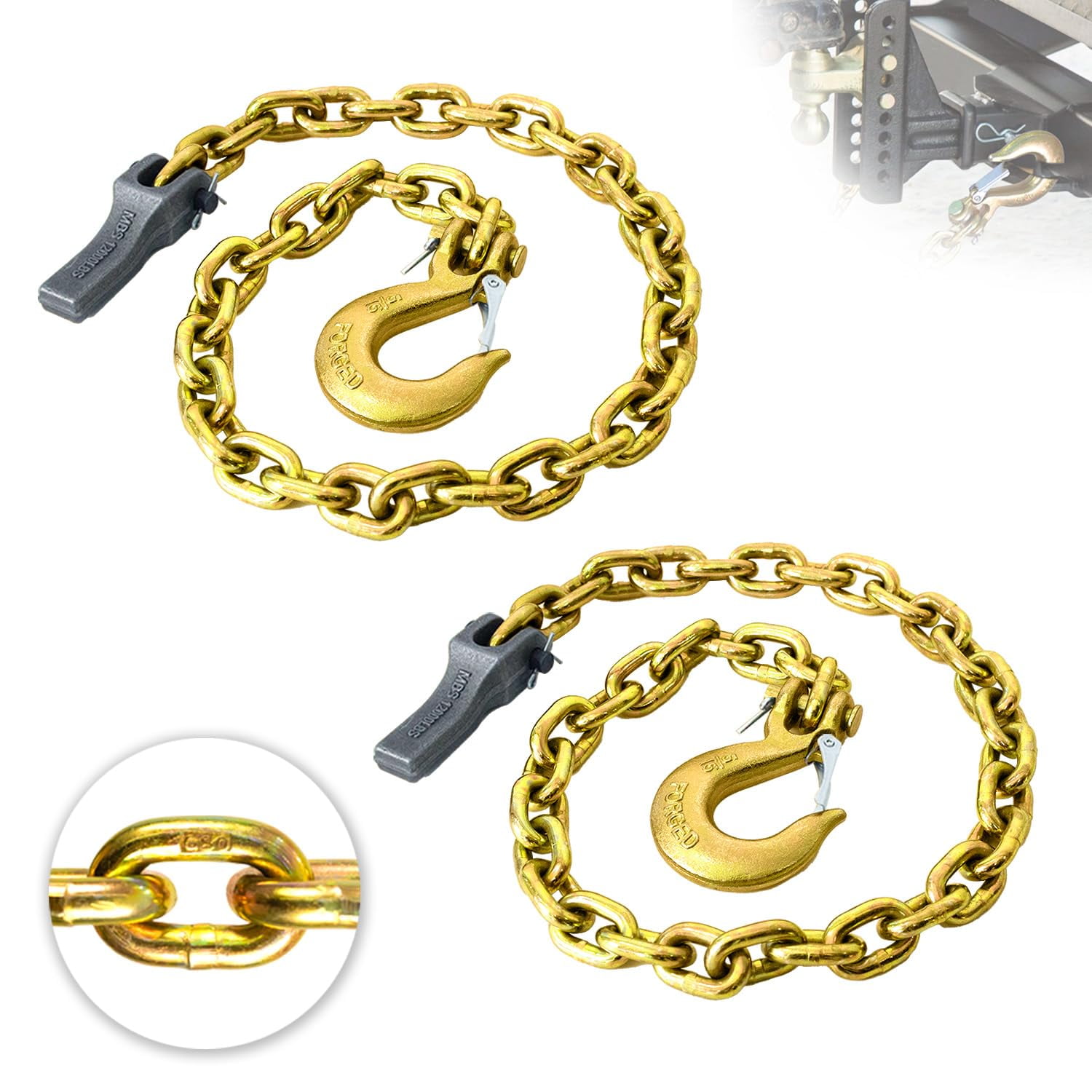 TKK 2-Pack Trailer Safety RRF12 Chain - 35 Inch Chain with 5/16'' Clevis Snap Hook and Retainer ...