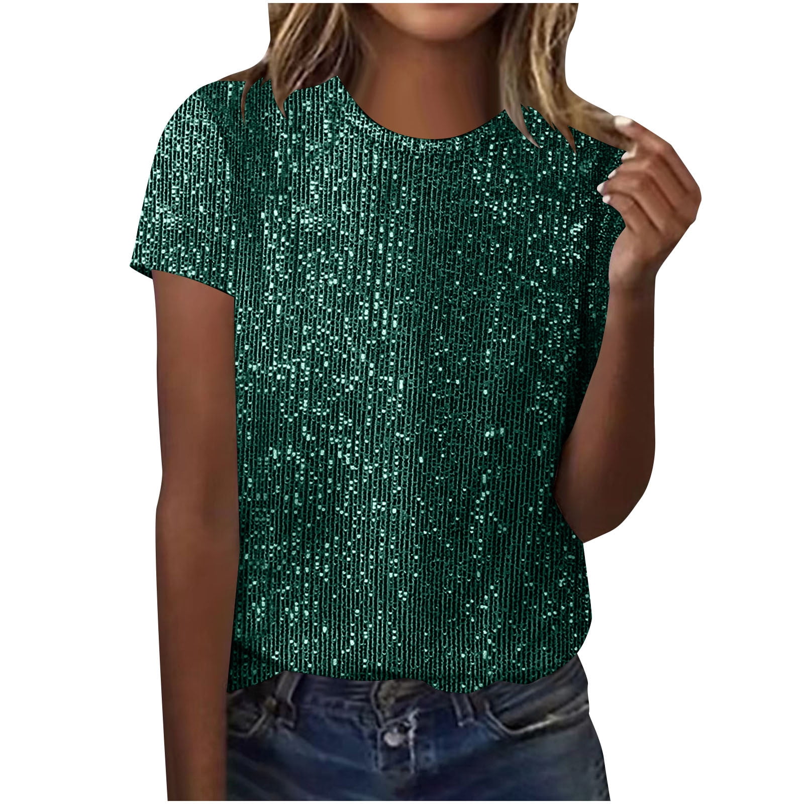 TKLPEHG Sparkle Tops for Women Dressy Casual Short Sleeve Sequin Tops ...