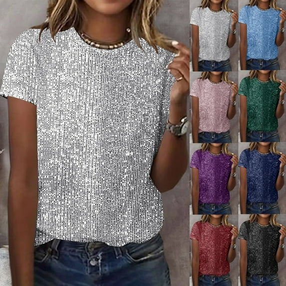 TKLPEHG Sparkle Tops for Women Dressy Casual Short Sleeve Sequin Tops ...