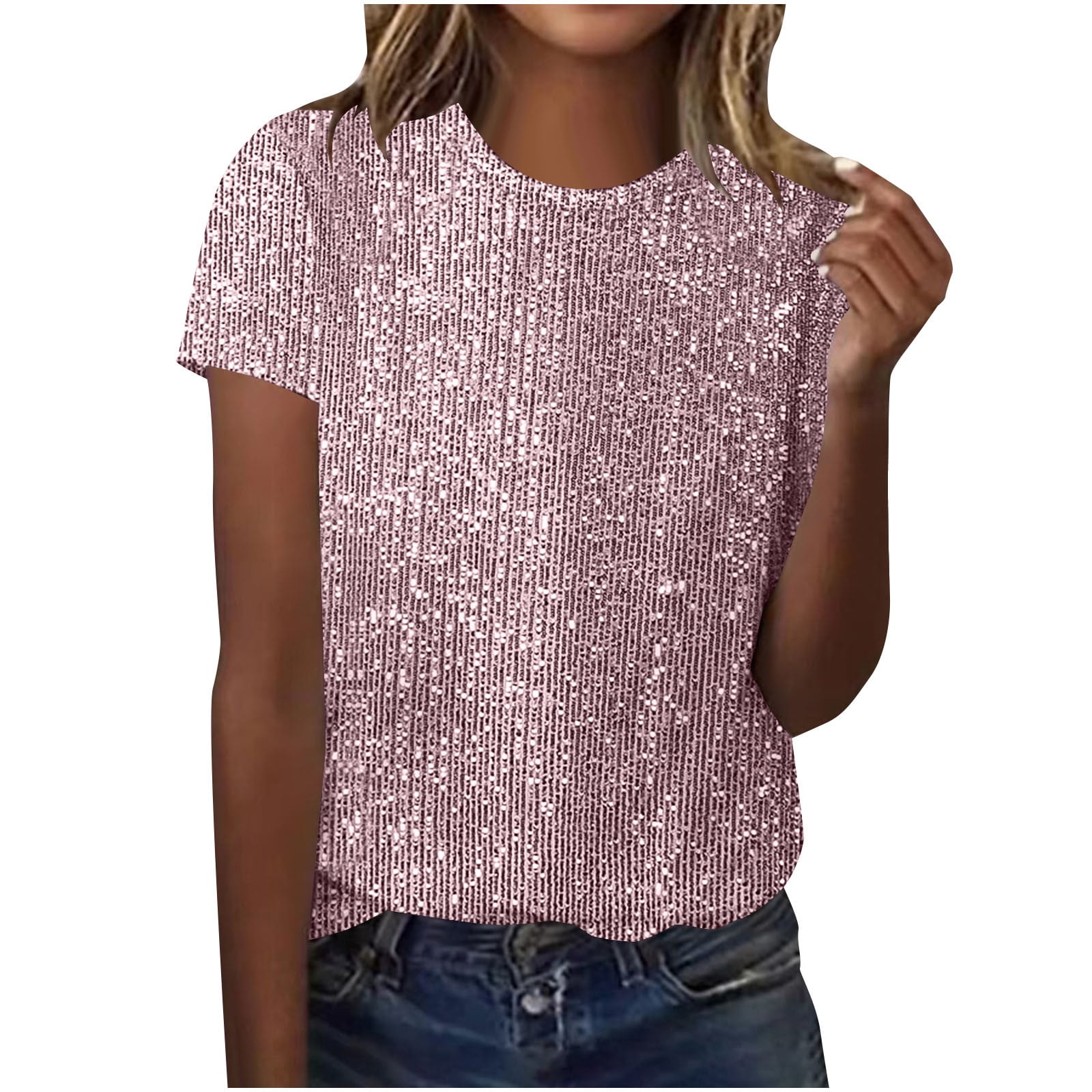 TKLPEHG Sparkle Tops for Women Dressy Casual Short Sleeve Sequin Tops ...
