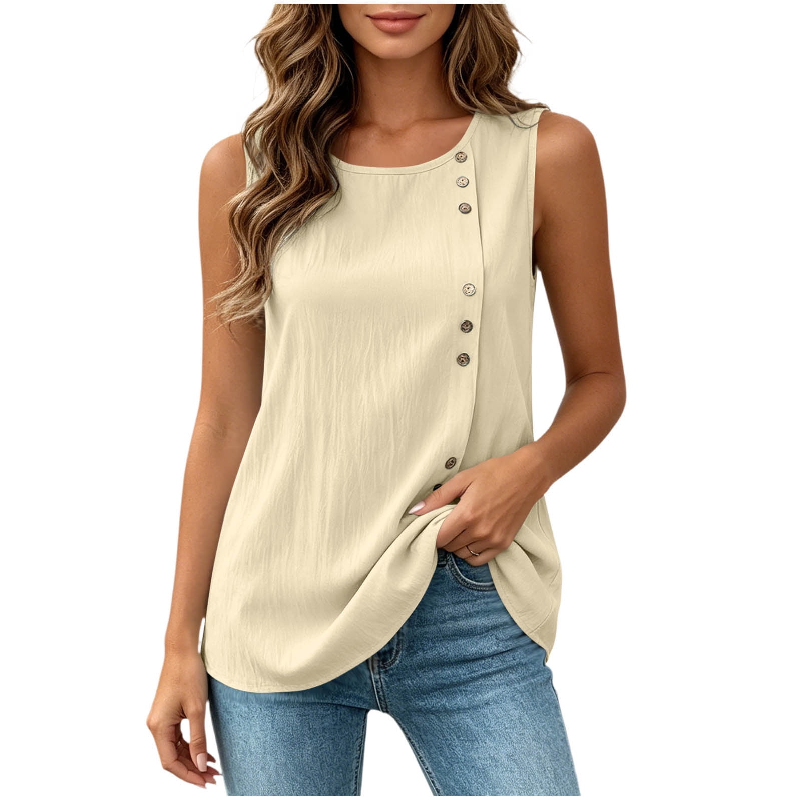 TKLPEHG Women's Sleeveless Tank Top Round Neck Button Detail Blouse ...