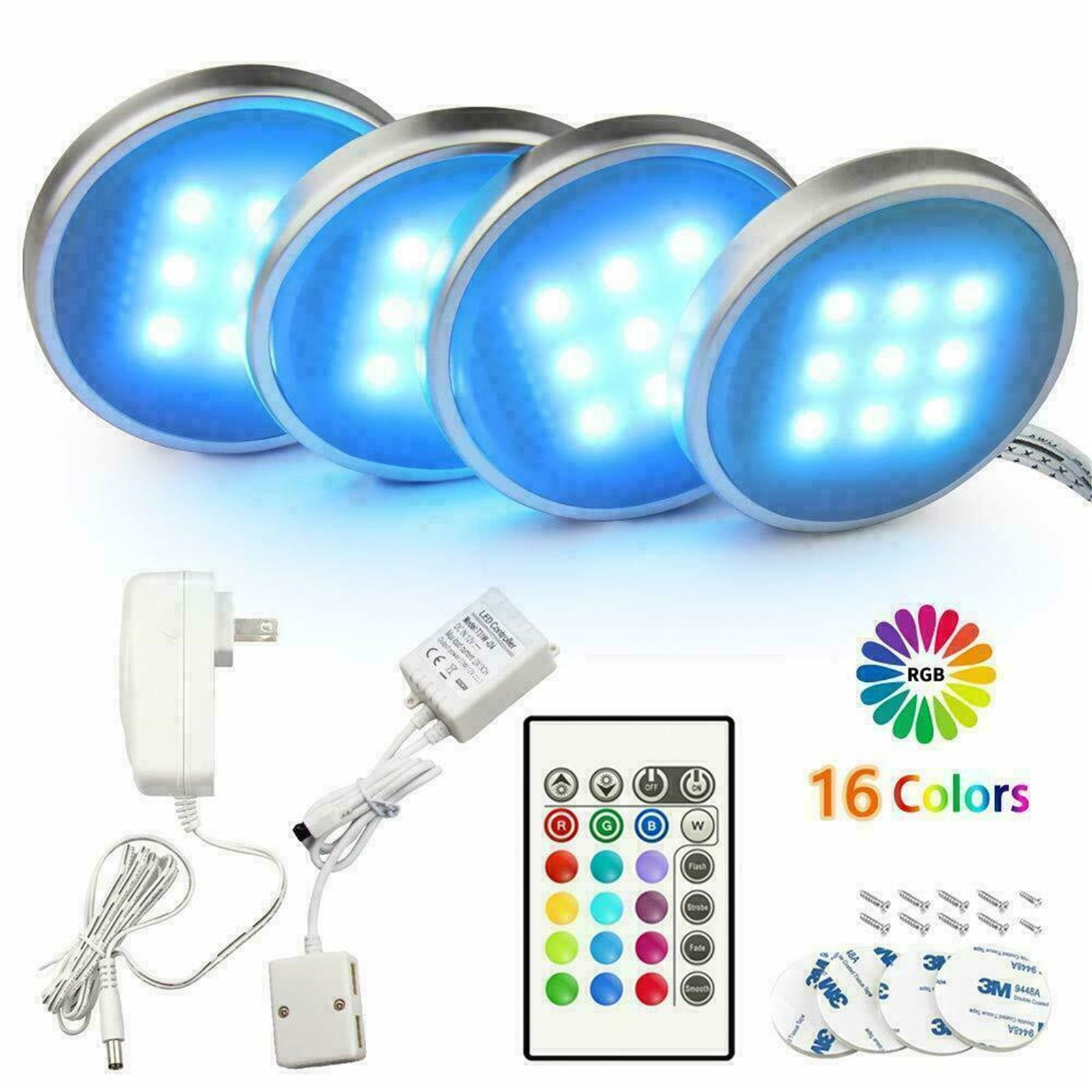 TKOOFN 4 Pcs RGB LED Under Cabinet Lighting with Remote, Dimmable LED ...