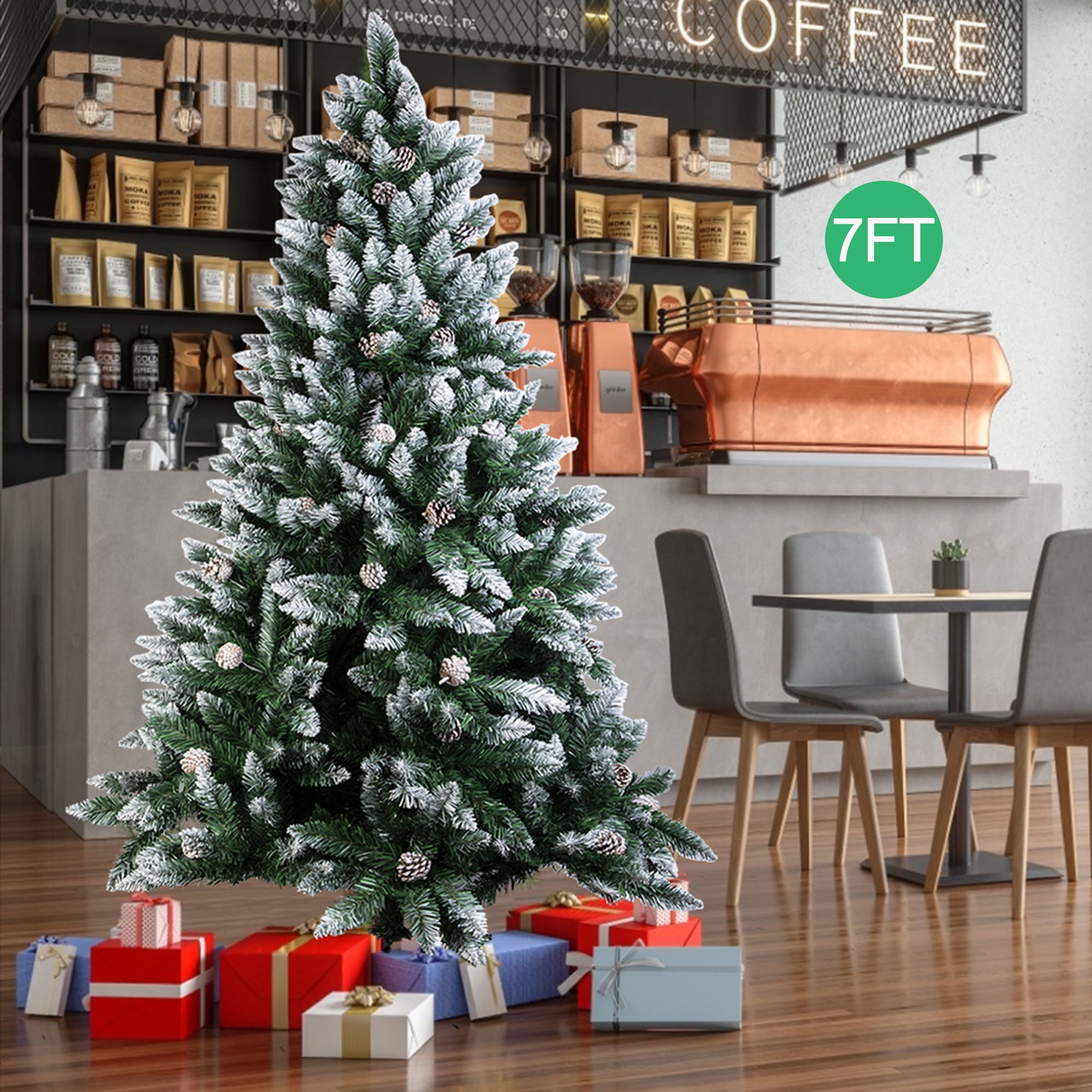 TKOOFN 7ft Green Snow Flocked Hinged Bushy Pine Christmas Tree with ...