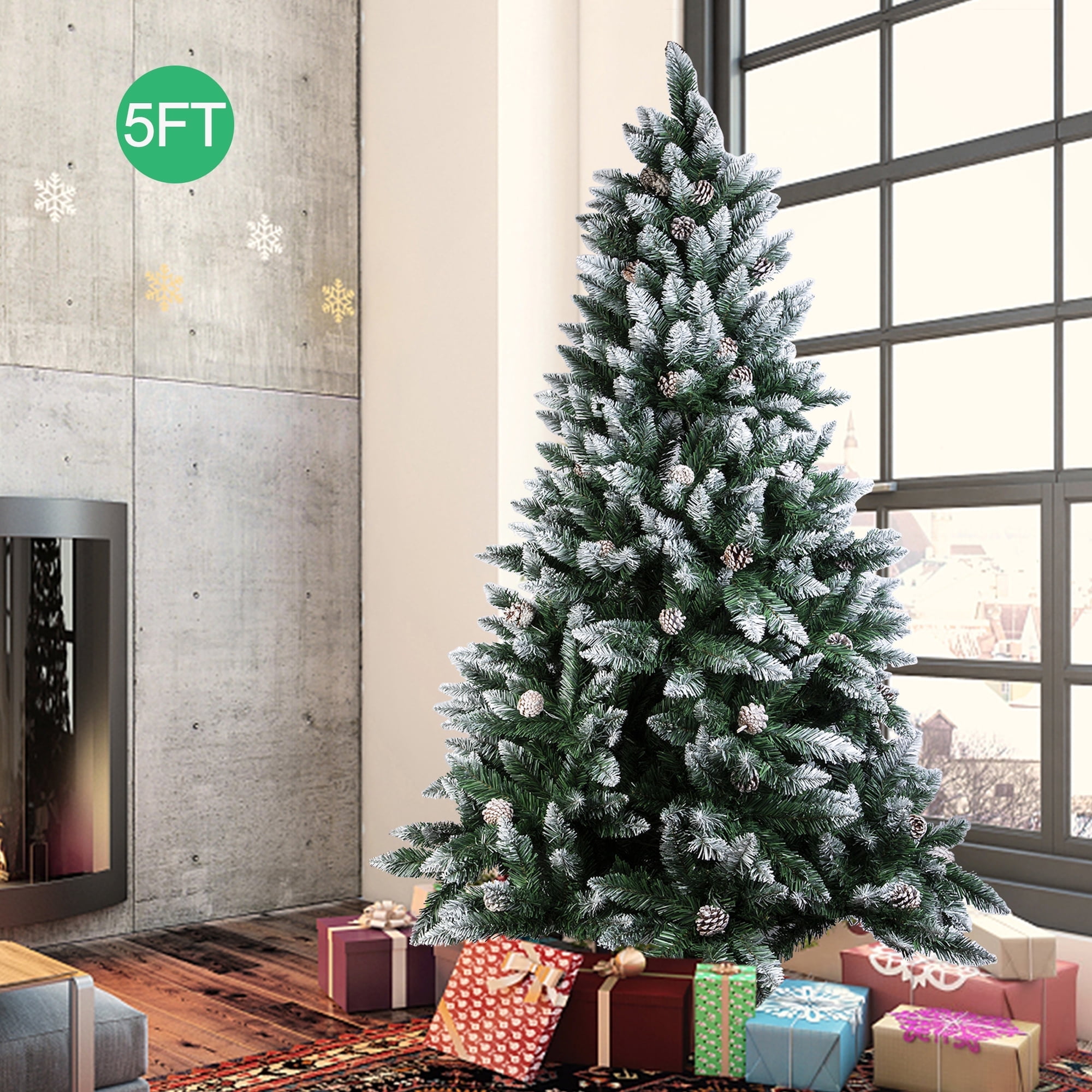 TKOOFN Artificial 5' Snow Flocked Hinged Christmas Tree with Pine Cones ...