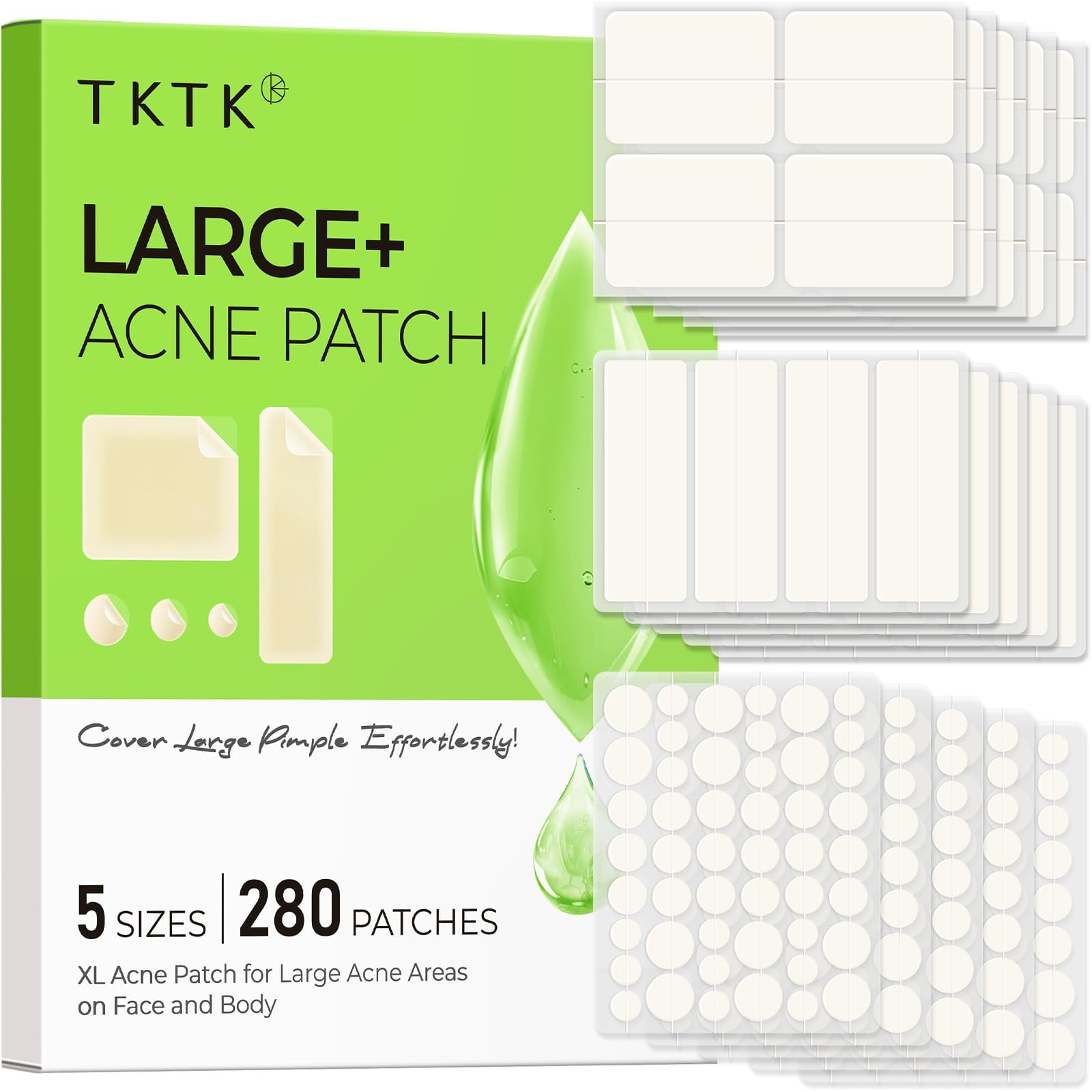 TKTK Large Pimple Patches IFF17 (5 Sizes, 280 Hydrocolloid Acne Patches ...