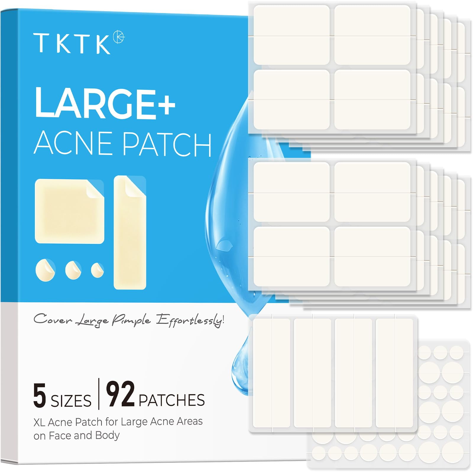 TKTK Large Pimple Patches SSF20 (5 Sizes, 92 Hydrocolloid Acne Patches ...