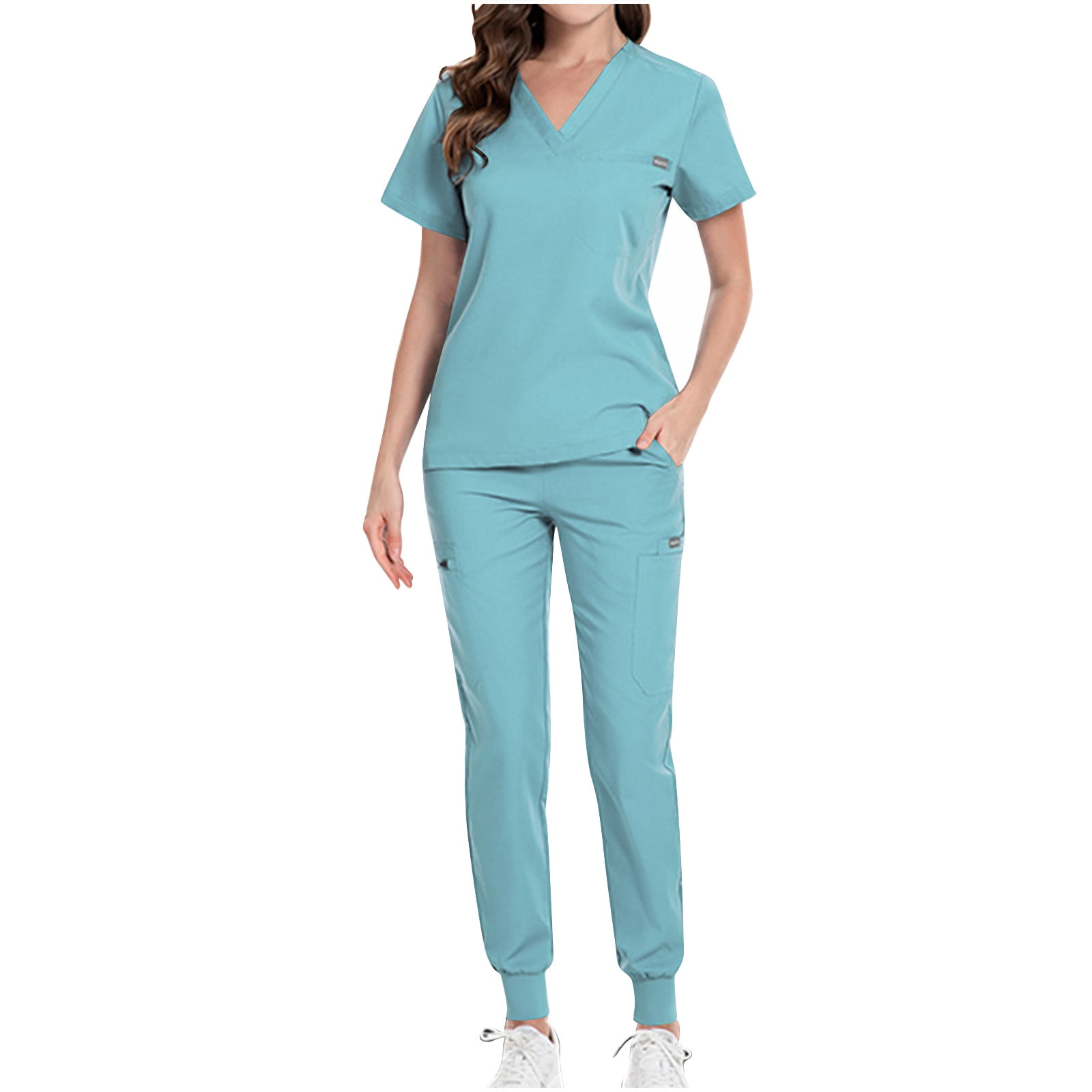 Hvyesh 2024 Scrub for Women Set Classic V-neck Top Jogger Scrub Pants ...
