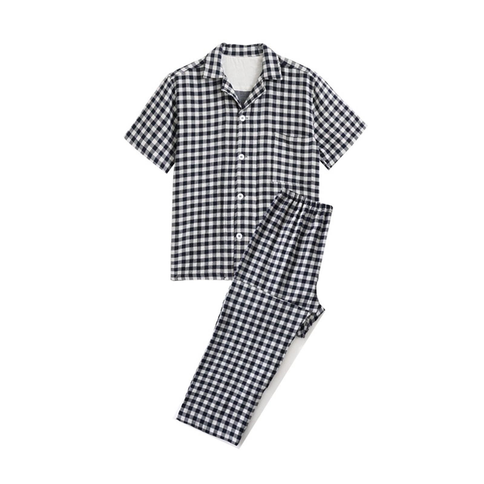 TKYCMSUAKI Plaid Pajamas 2 Piece Sets for Men Short Sleeve Button Downs ...