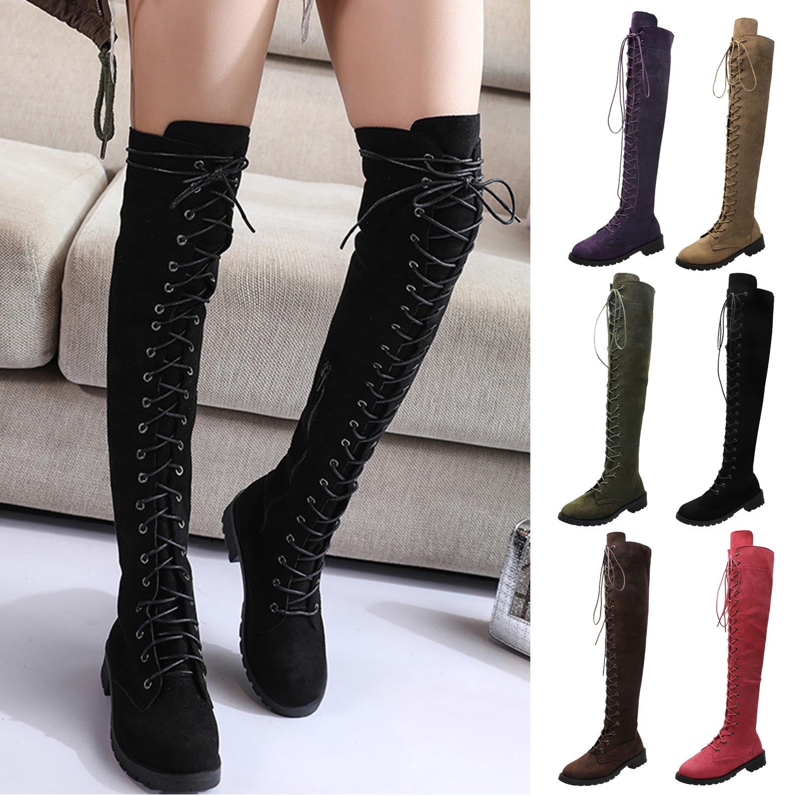 TKYCMSUAKI Womens Cowboy Boots,Women's Over The Knee Low Heel Lace Up ...