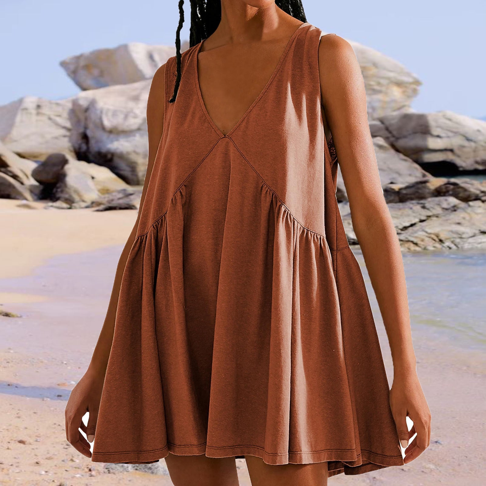 TKing Fashion Summer Dresses for Women, Casual Mini Sundresses Solid V ...