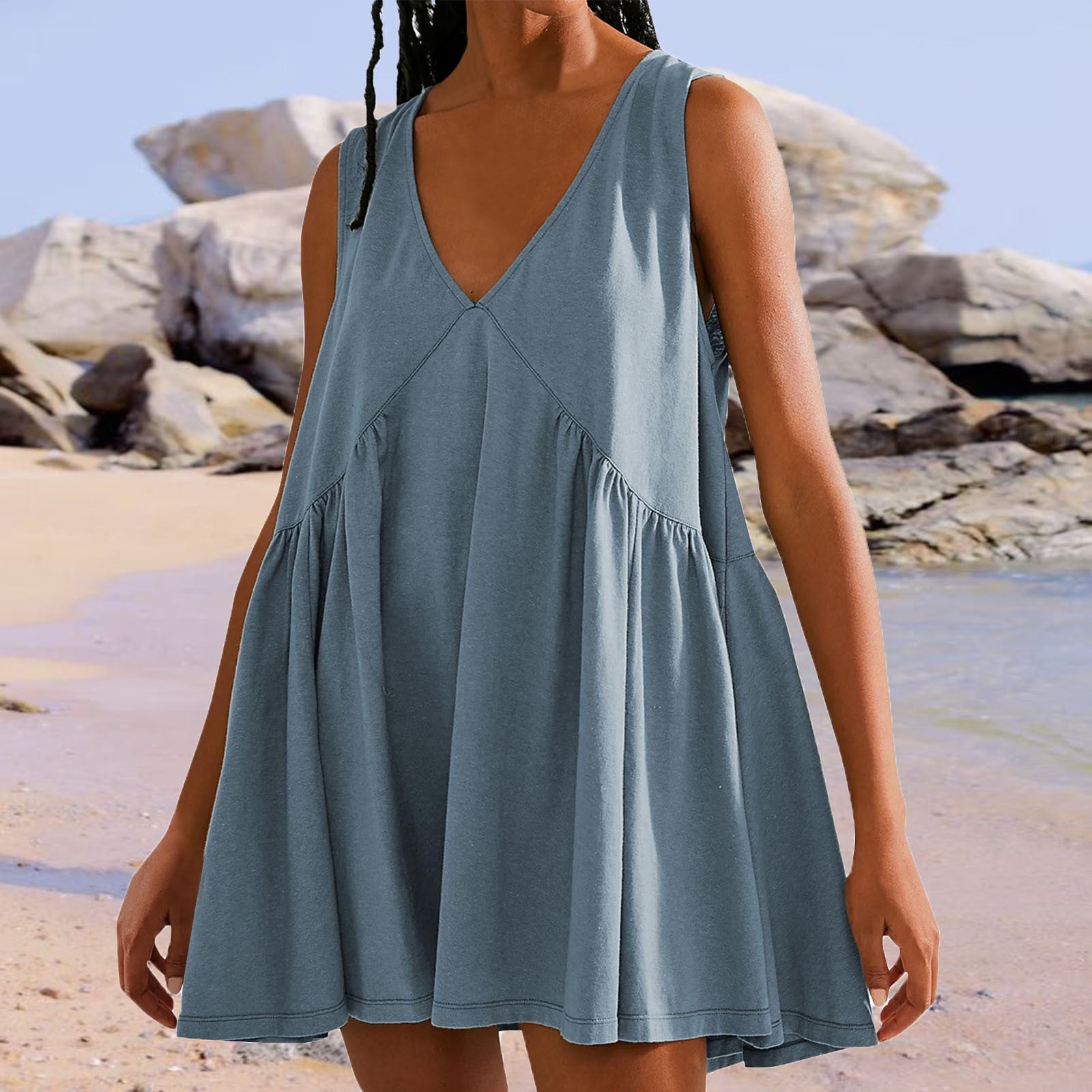 TKing Fashion Womens Summer Dresses 2024 Sleeveless V Neck Smocked ...