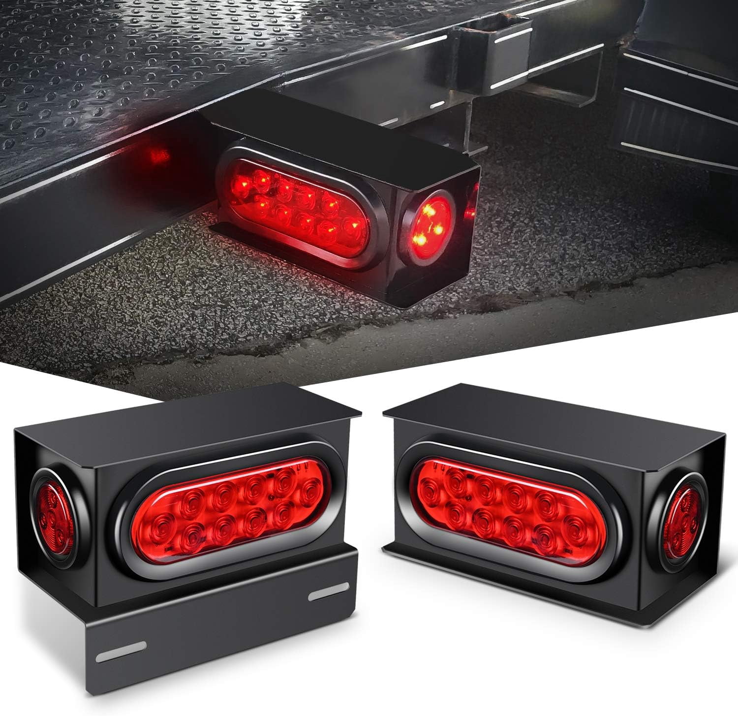 TL-34 2PCS Steel Trailer Light Boxes Housing Kit w/6Inch Oval Red LED ...