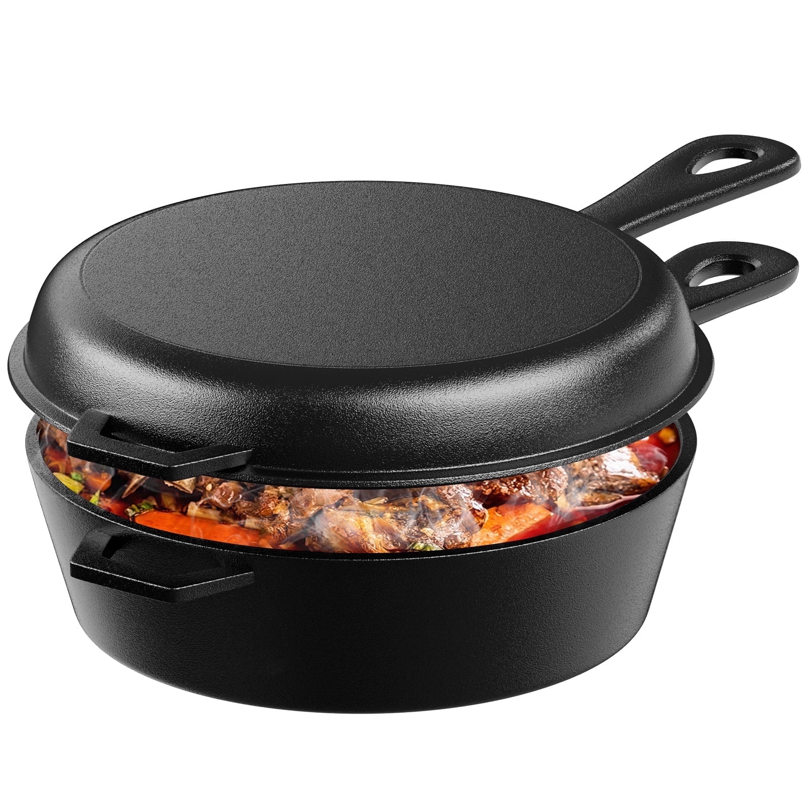 TLGREEN 2-in-1 Cast Iron Dutch Oven Pot, with Skillet & Lid - 2.9 Qt ...