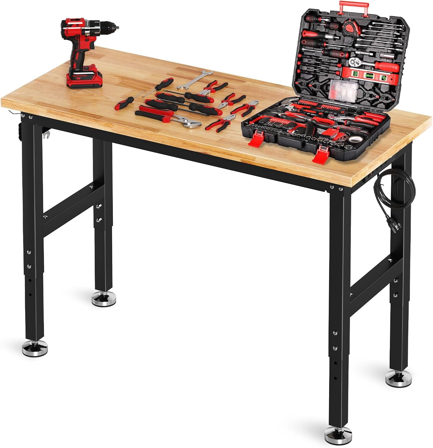 TLGREEN 48" Adjustable Work Bench with Power Outlet, Rubber Wood Top ...