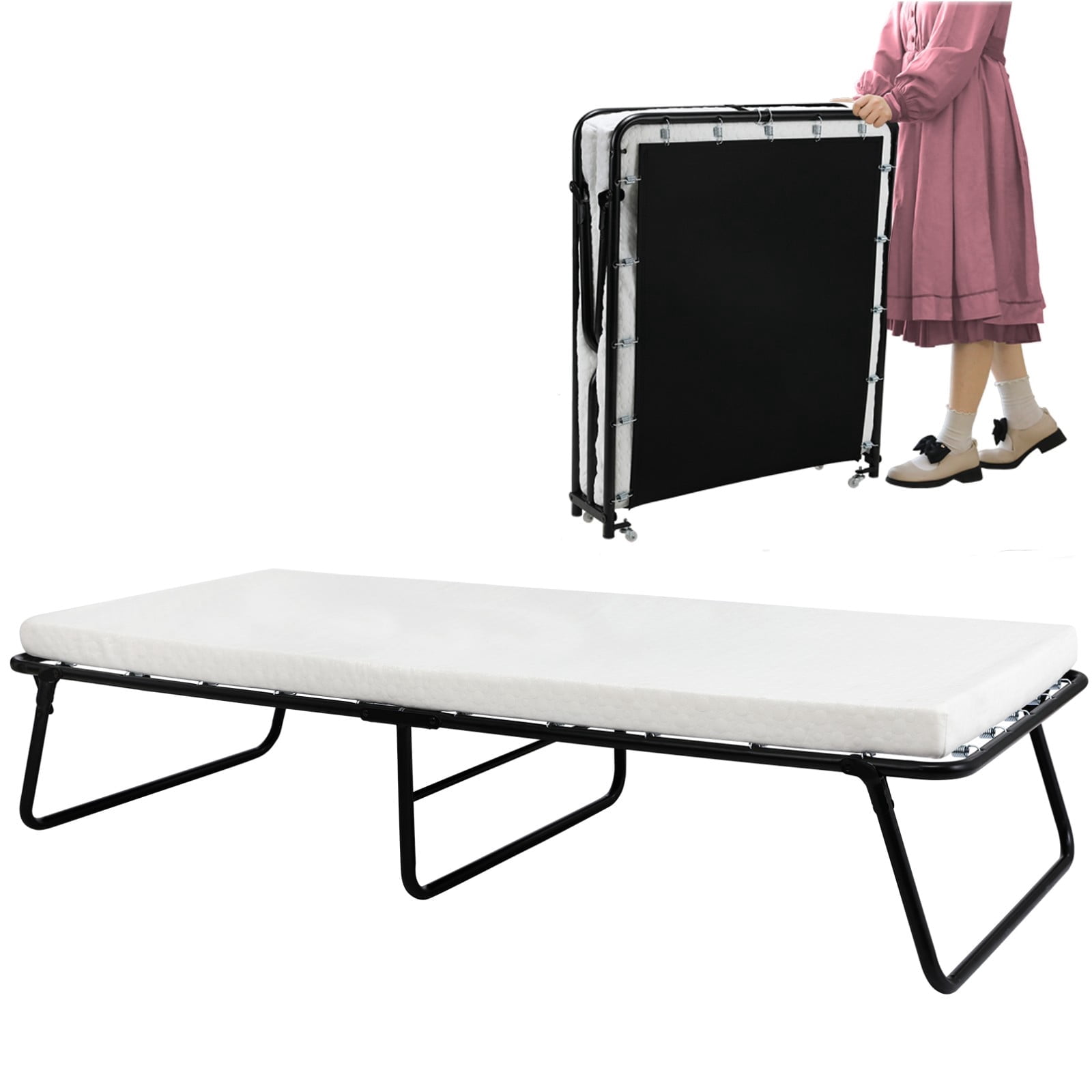 TLGREEN Portable Folding Bed with Wheels, Memory Foam Mattress, No ...