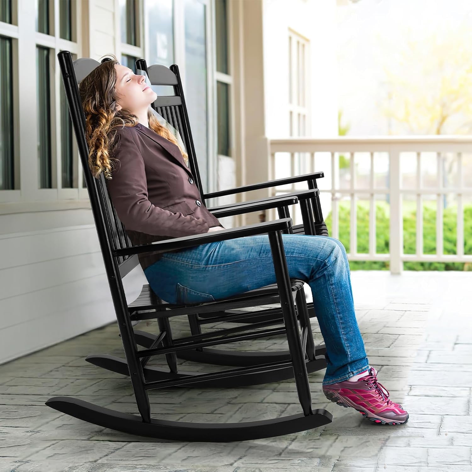 TLGREEN Solid Wood Outdoor Rocking Chair with High Back, Easy to ...