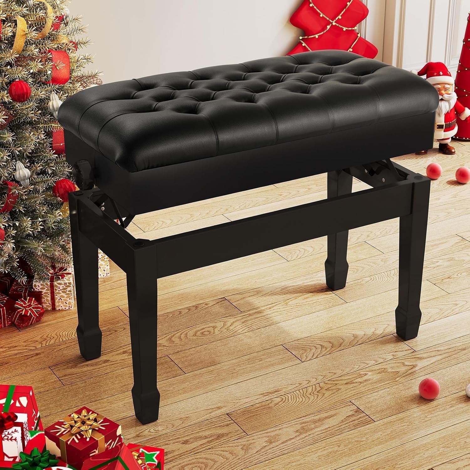 TLGREEN Wooden Adjustable Piano Bench with Storage, PU Leather Cushion ...