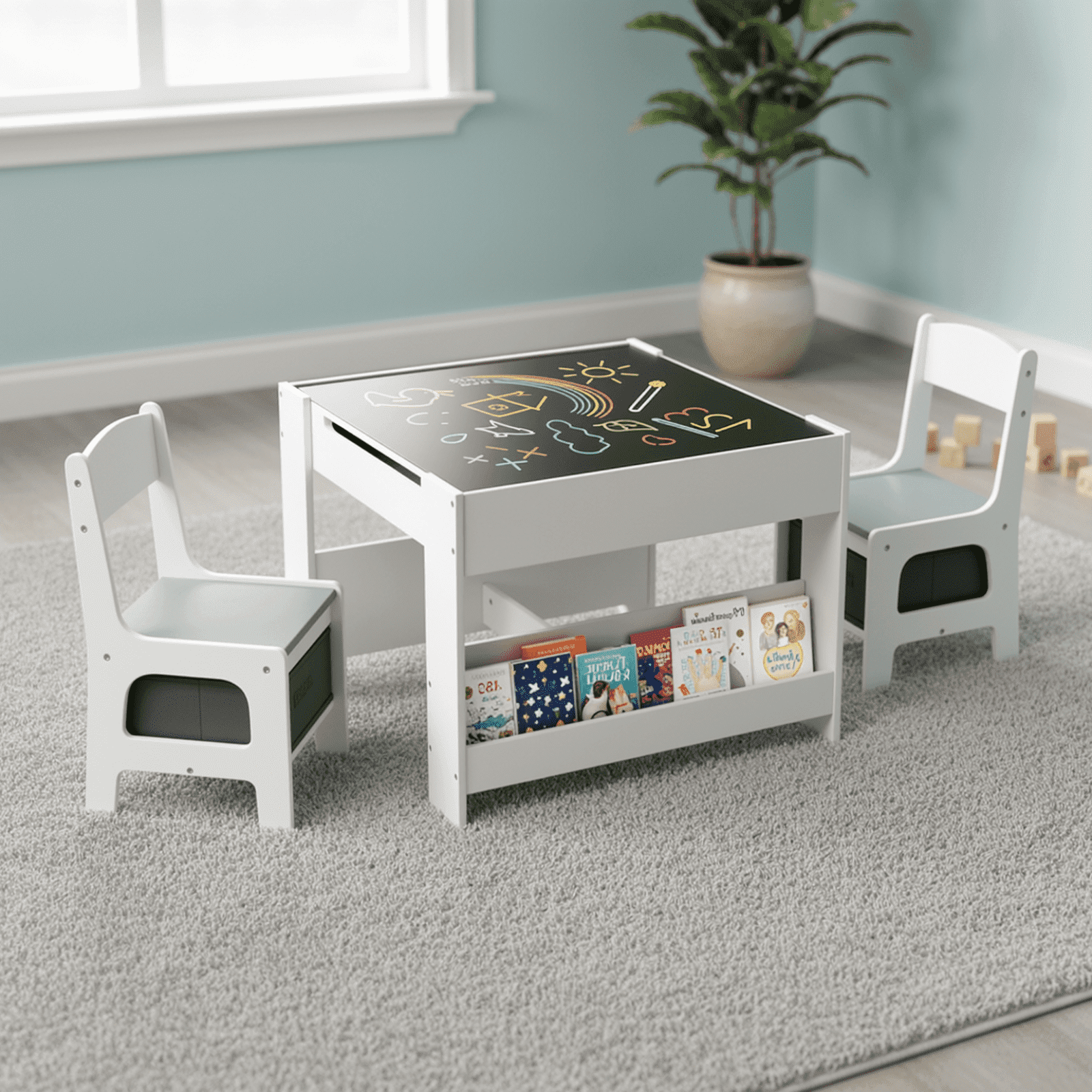 TLSUNNY 4-in-1 Kids Table and 2 Chairs, Toddler Art Desk with ...
