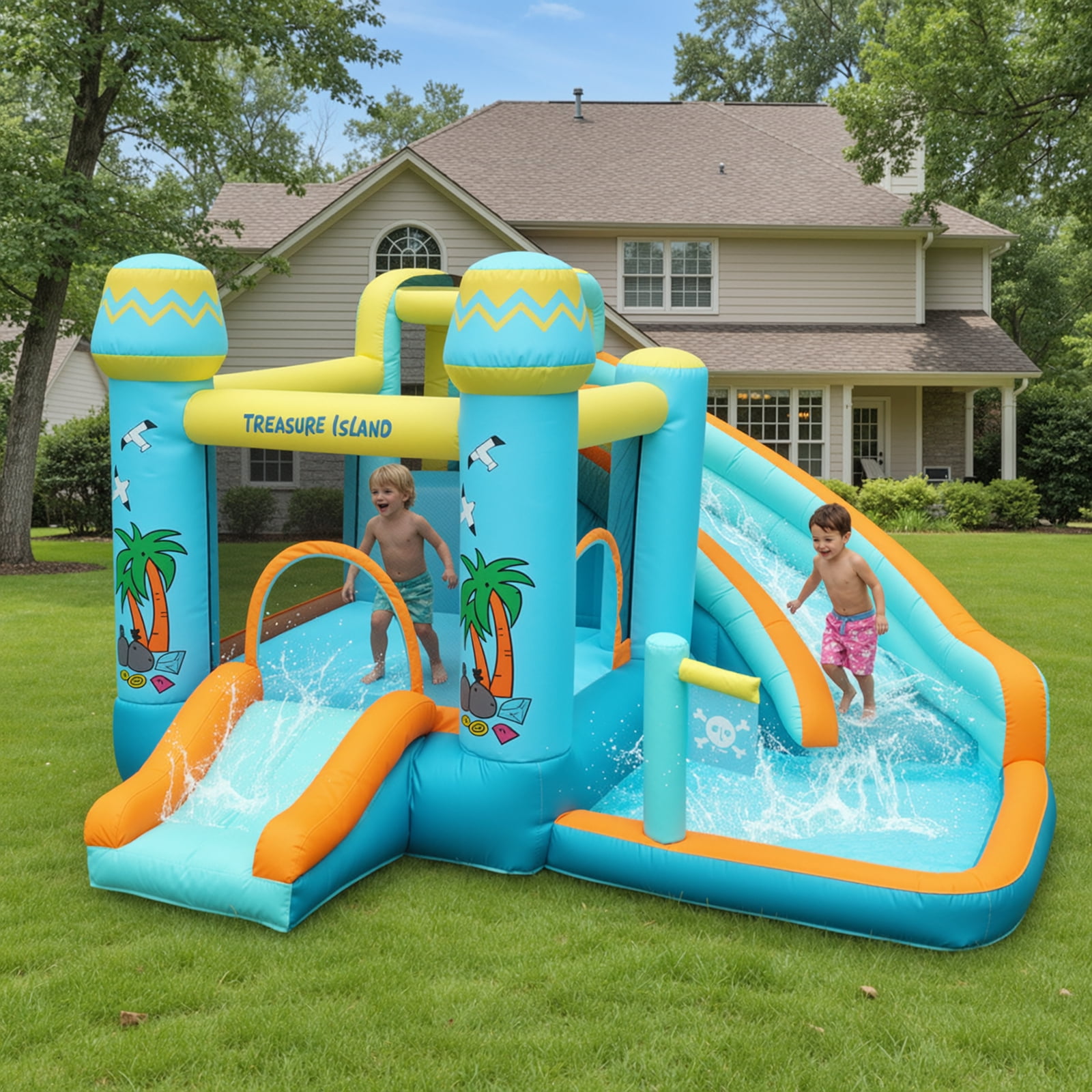 TLSUNNY 5-in-1 Inflatable Bounce House with Water Slide, Splash Pool ...
