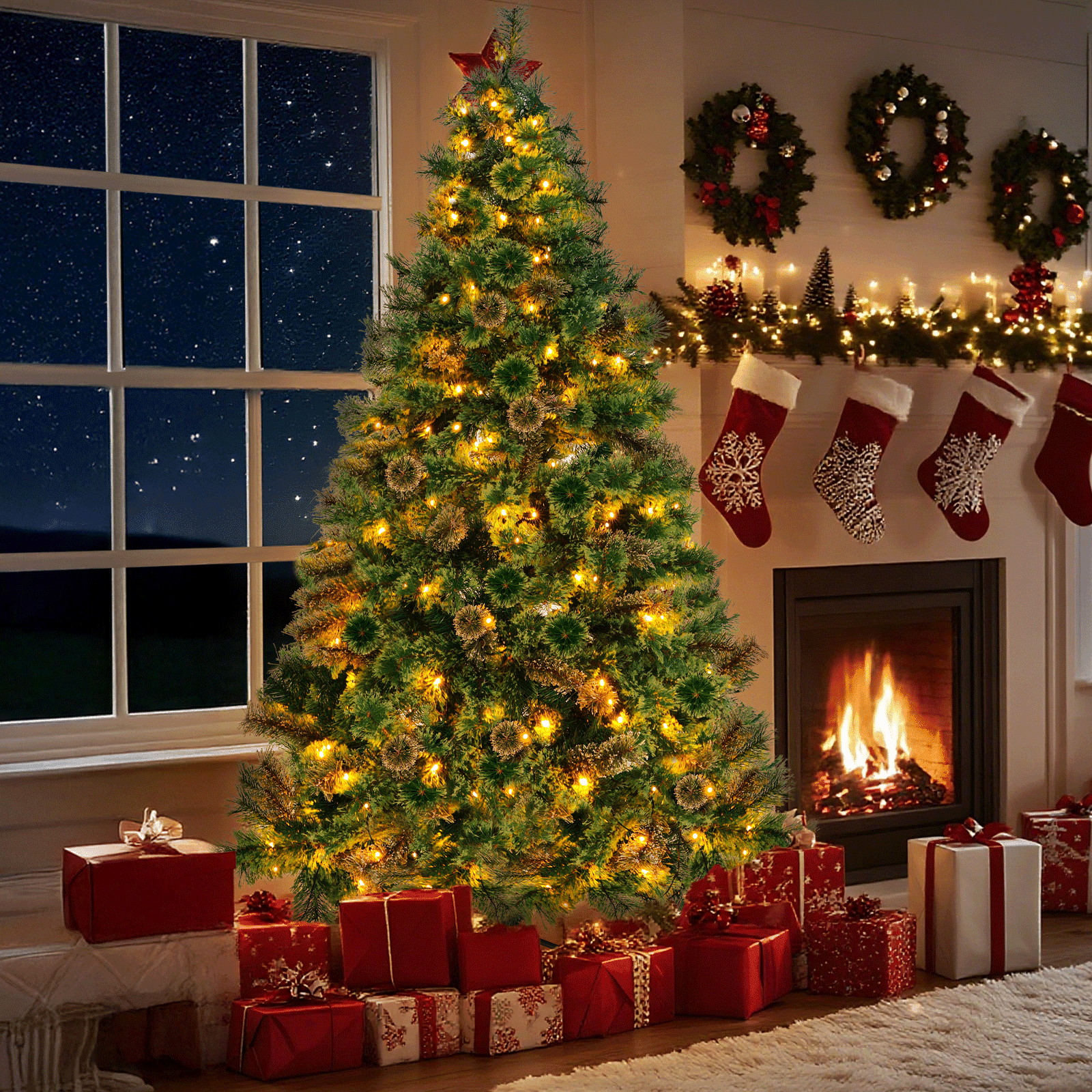 TLSUNNY 8ft Pre-lit Artificial Christmas Tree with 550 Branche Tips 250 ...