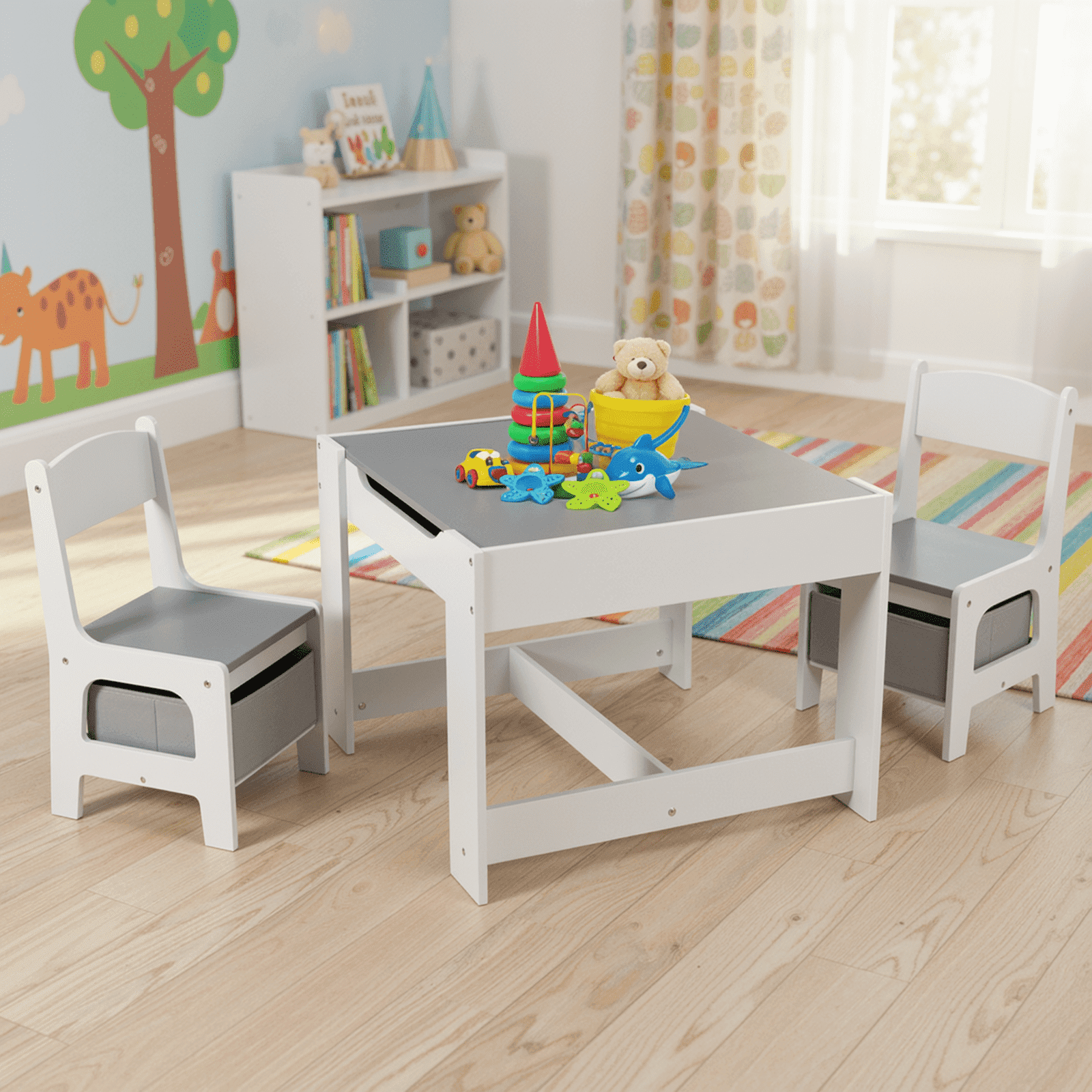 TLSUNNY Kids Activity Table with 2 Chairs, Convertible Toddler Desk ...