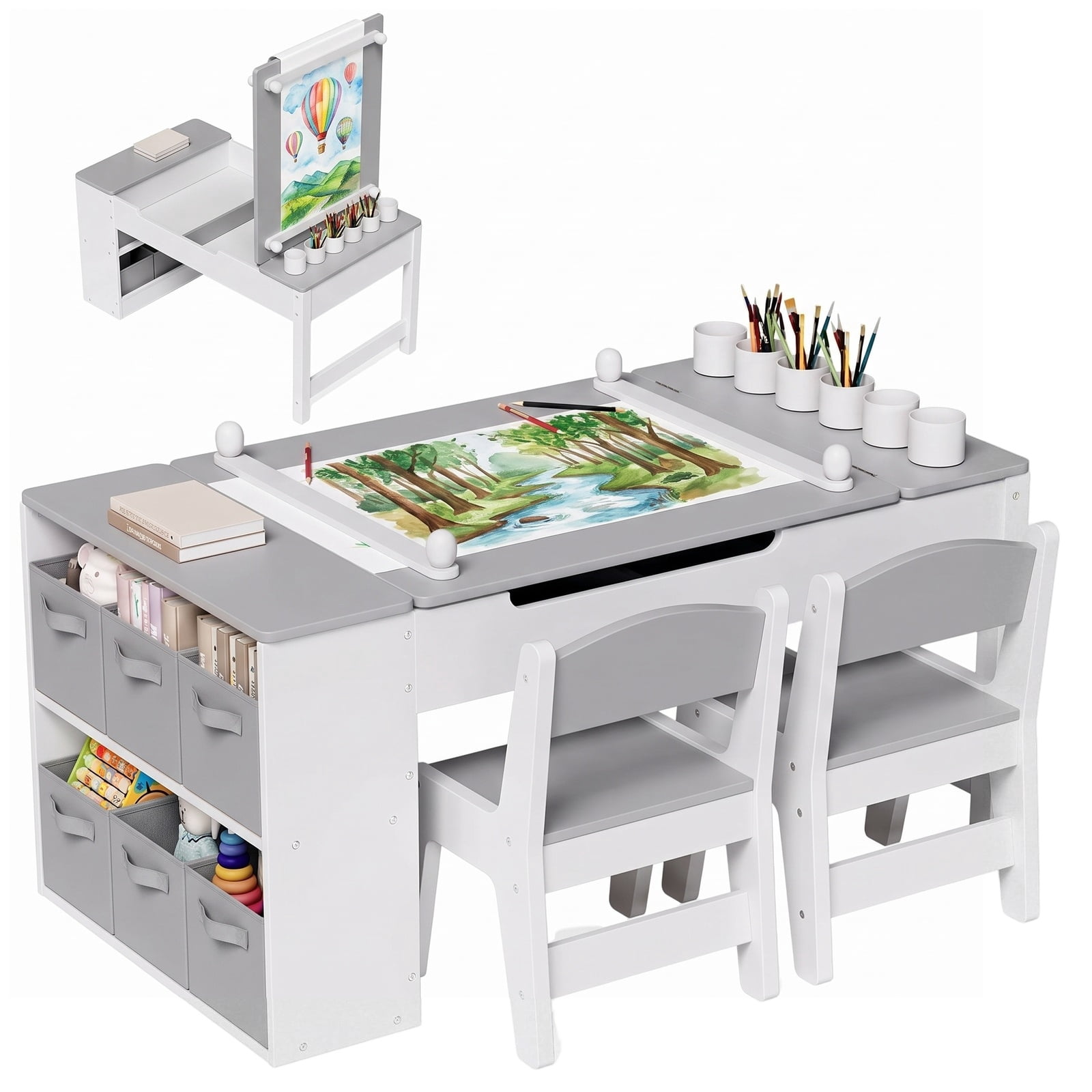 TLSUNNY Kids Art Table and 2 Chairs Set, Toddler Activity Desk with ...