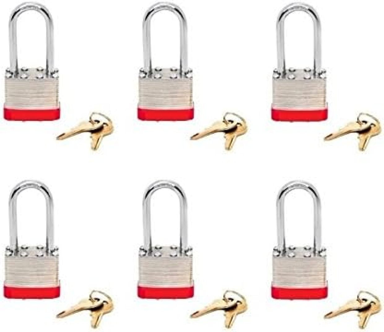 (TM) Padlock Box of 6!!! Long Shackle (1 7/8") Laminated Steel Keyed ...