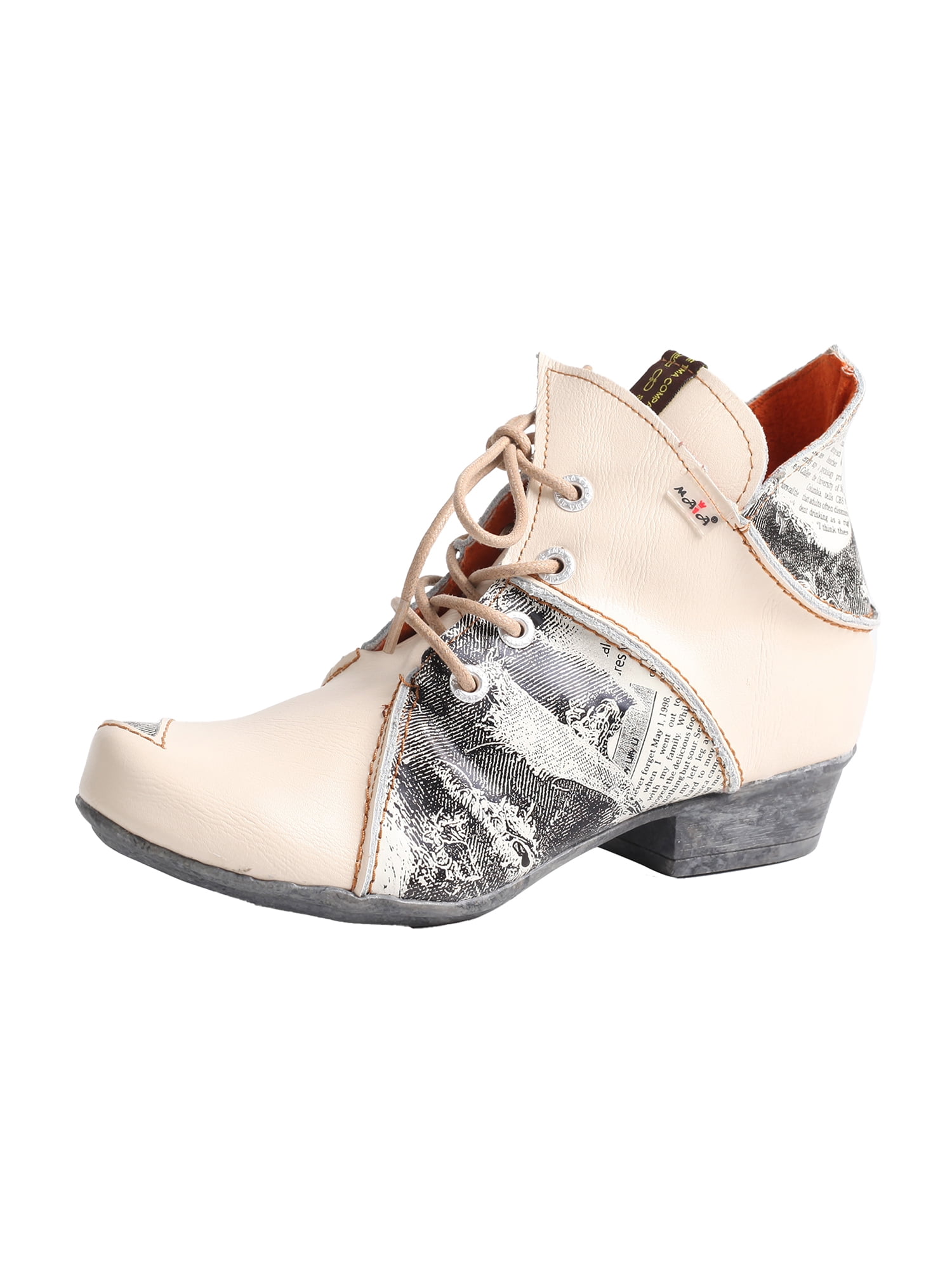 TMA EYES Women's Genuine Leather Ankle Boots, Lace Up, Newspaper Print ...