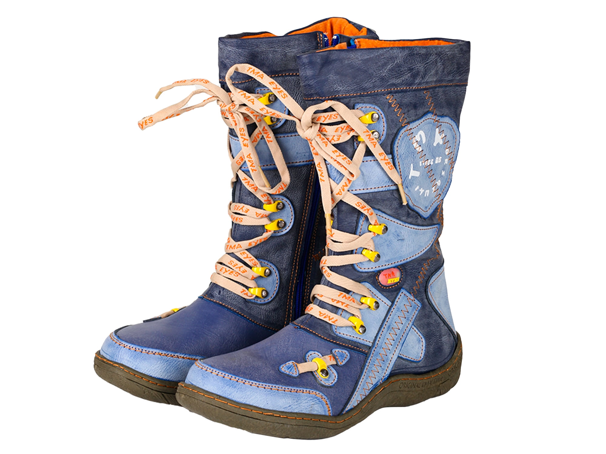 TMA EYES Patchwork Stitch-Detail PU Leather Mid-Calf Women's Boot ...