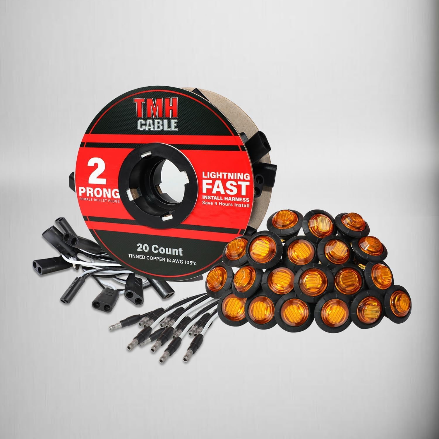 TMH 20 Pcs 3/4 RRF12 Inch Side Marker Amber Lights with Connector Plug + 2 Pin Continuous Wire ...