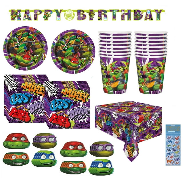TMNT Party Kit: 16 Plates, Napkins, Cups, Table Cover, Masks, Banner ...