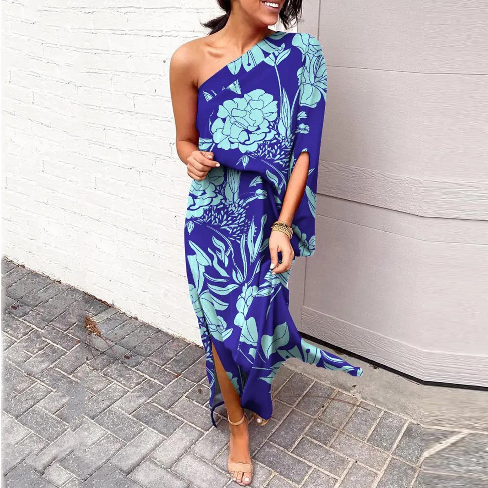 TMOYZQ 50% off Summer! Women's One Shoulder Split Hem Long Maxi Dress ...