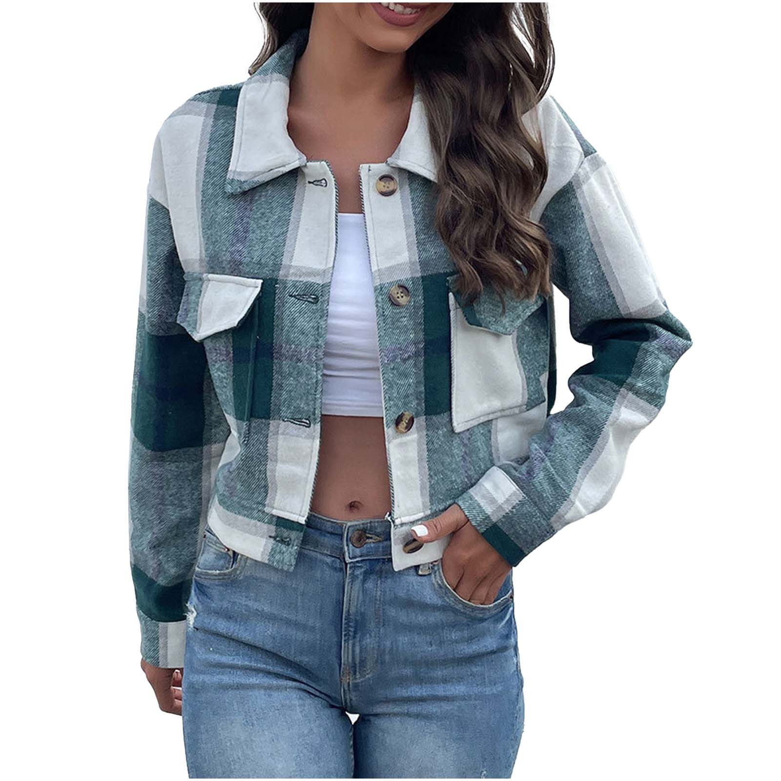 TMOYZQ Cropped Flannels for Women Plaid Shacket Jacket Casual Lapel ...