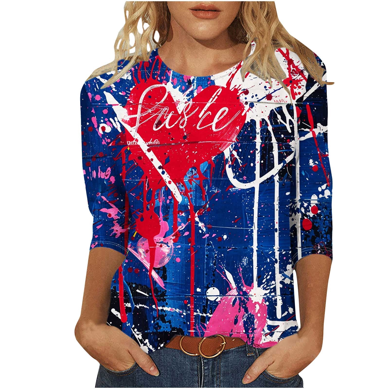 TMOYZQ Independence Day 3/4 Length Sleeve Womens Tops Casual Loose Fit Crewneck T Shirts Cute ...