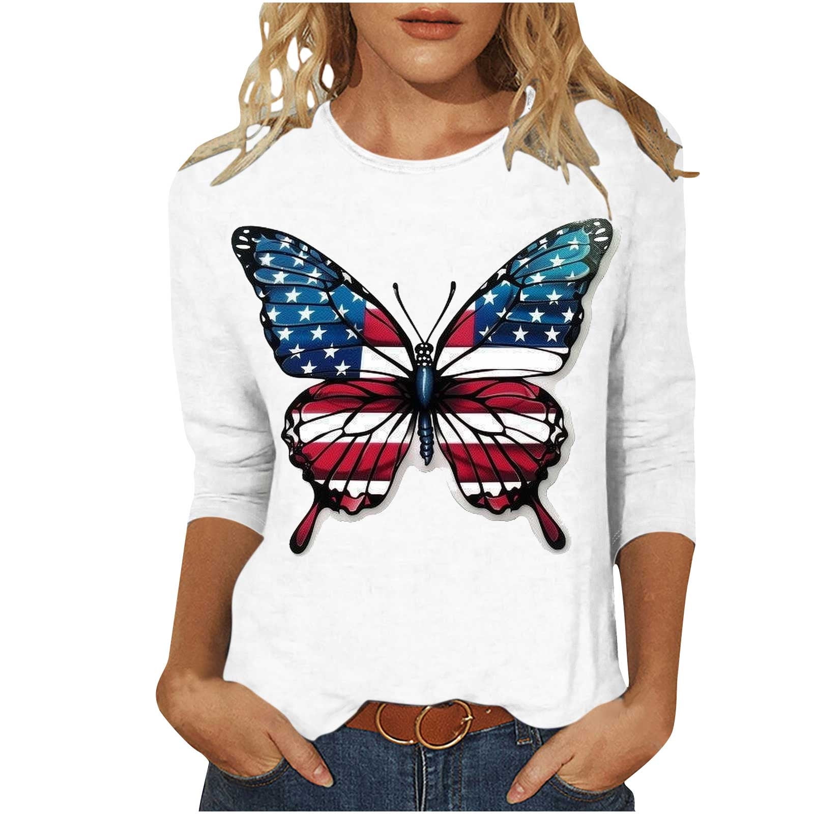 TMOYZQ Independence Day 3/4 Length Sleeve Womens Tops Casual Loose Fit ...