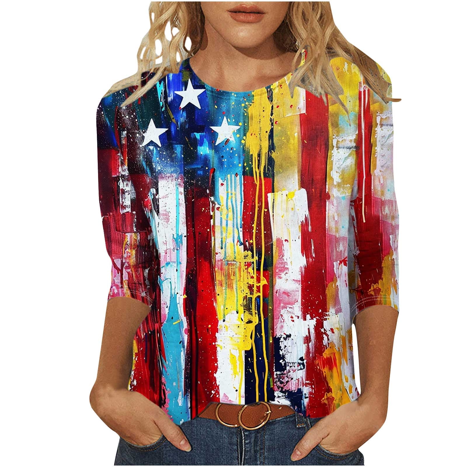 TMOYZQ Independence Day 3/4 Length Sleeve Womens Tops Casual Loose Fit ...