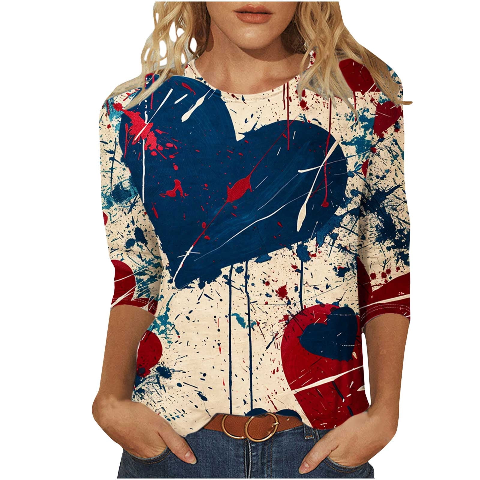 TMOYZQ Independence Day 3/4 Length Sleeve Womens Tops Casual Loose Fit ...