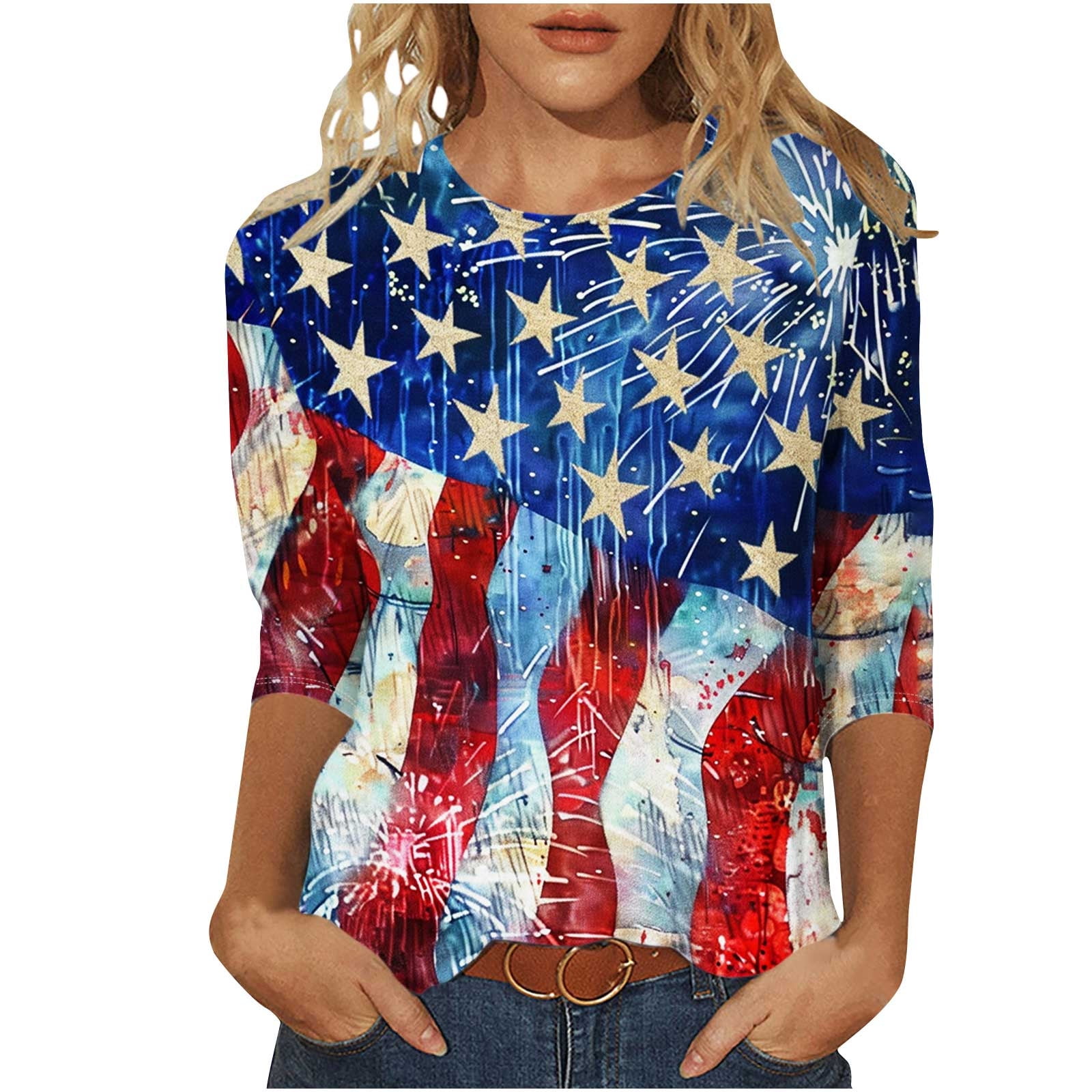 TMOYZQ Independence Day 3/4 Length Sleeve Womens Tops Casual Loose Fit ...