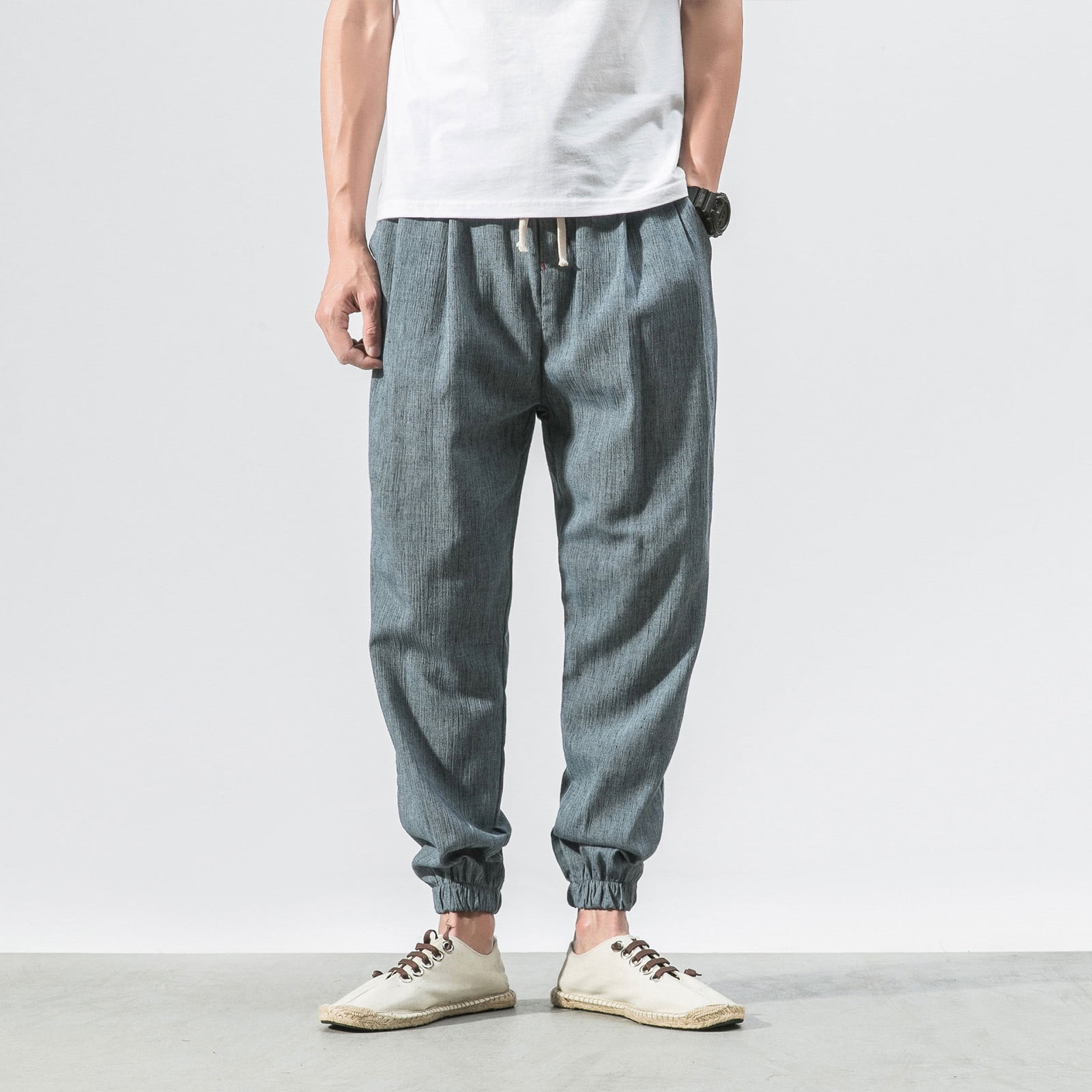 TMOYZQ Linen Pants Men Straight Leg Elestic Waist Drawstring Sweatpants ...